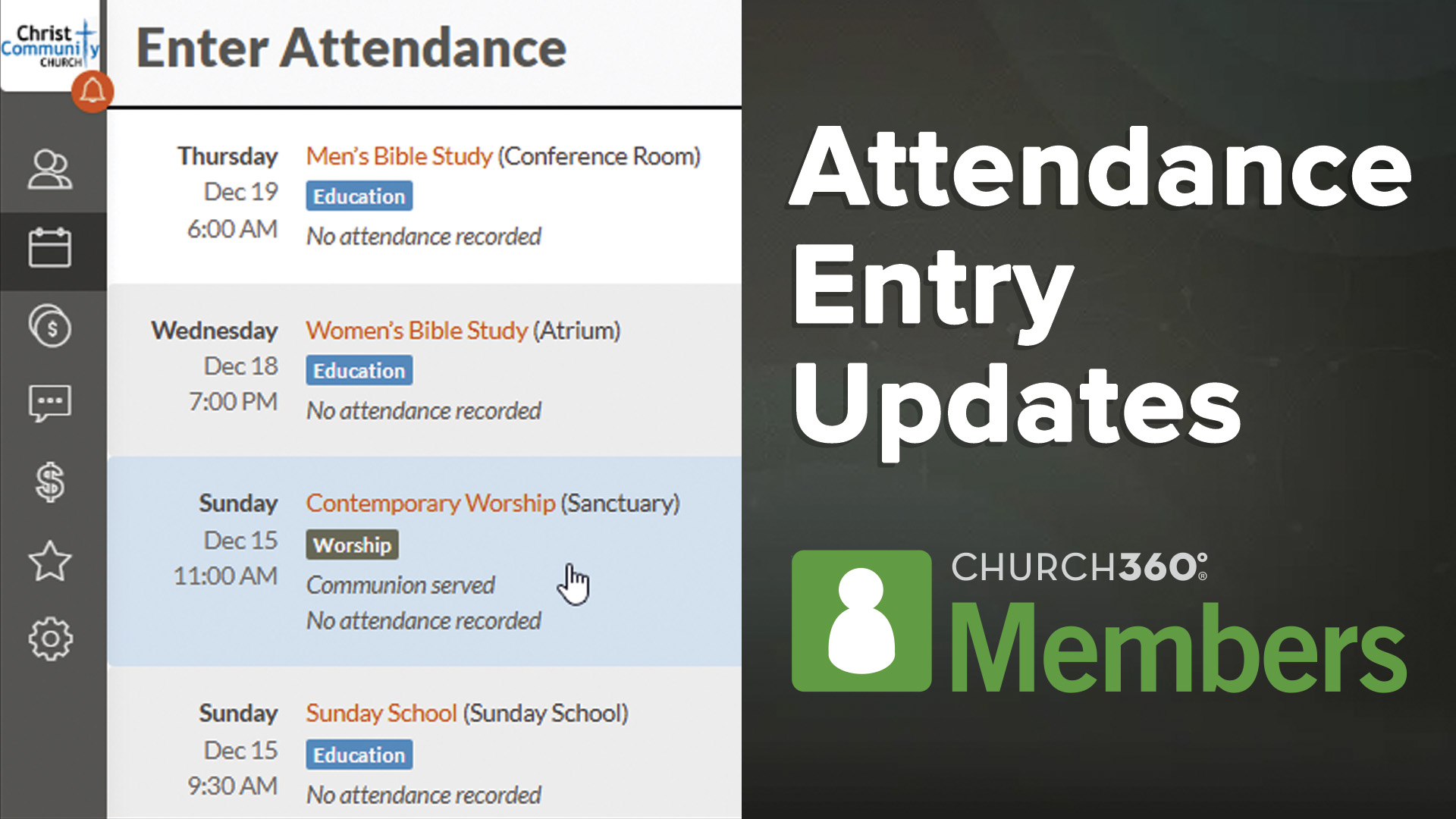 Attendance Entry Updates in Church360° Members